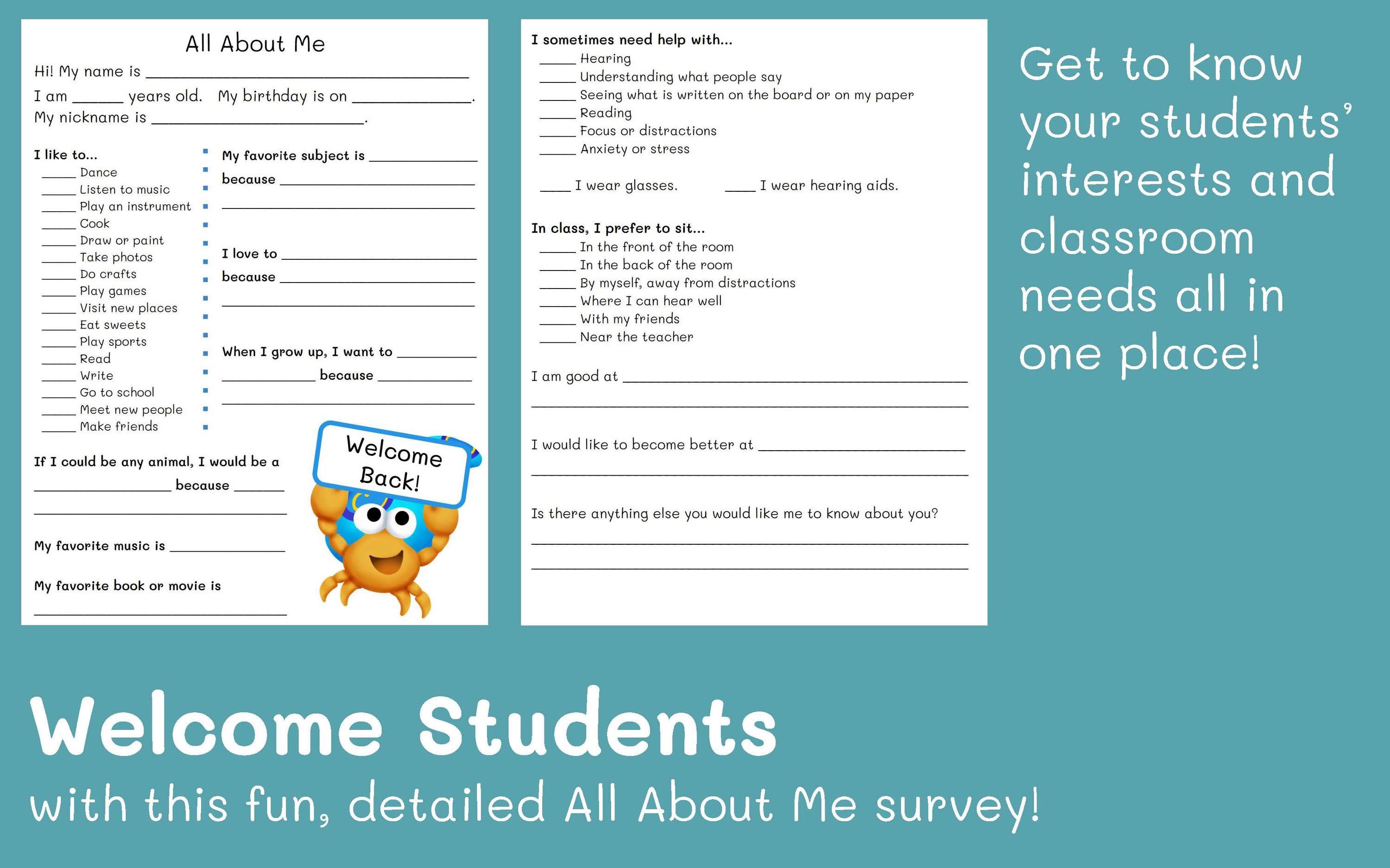 Digital & Printable All About Me Student Survey for Kindergarten-third ...
