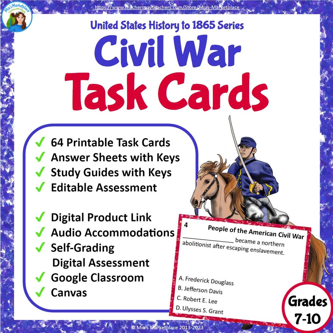 Civil War (causes, Historical Figures & Battles) Task Cards, Notes and ...