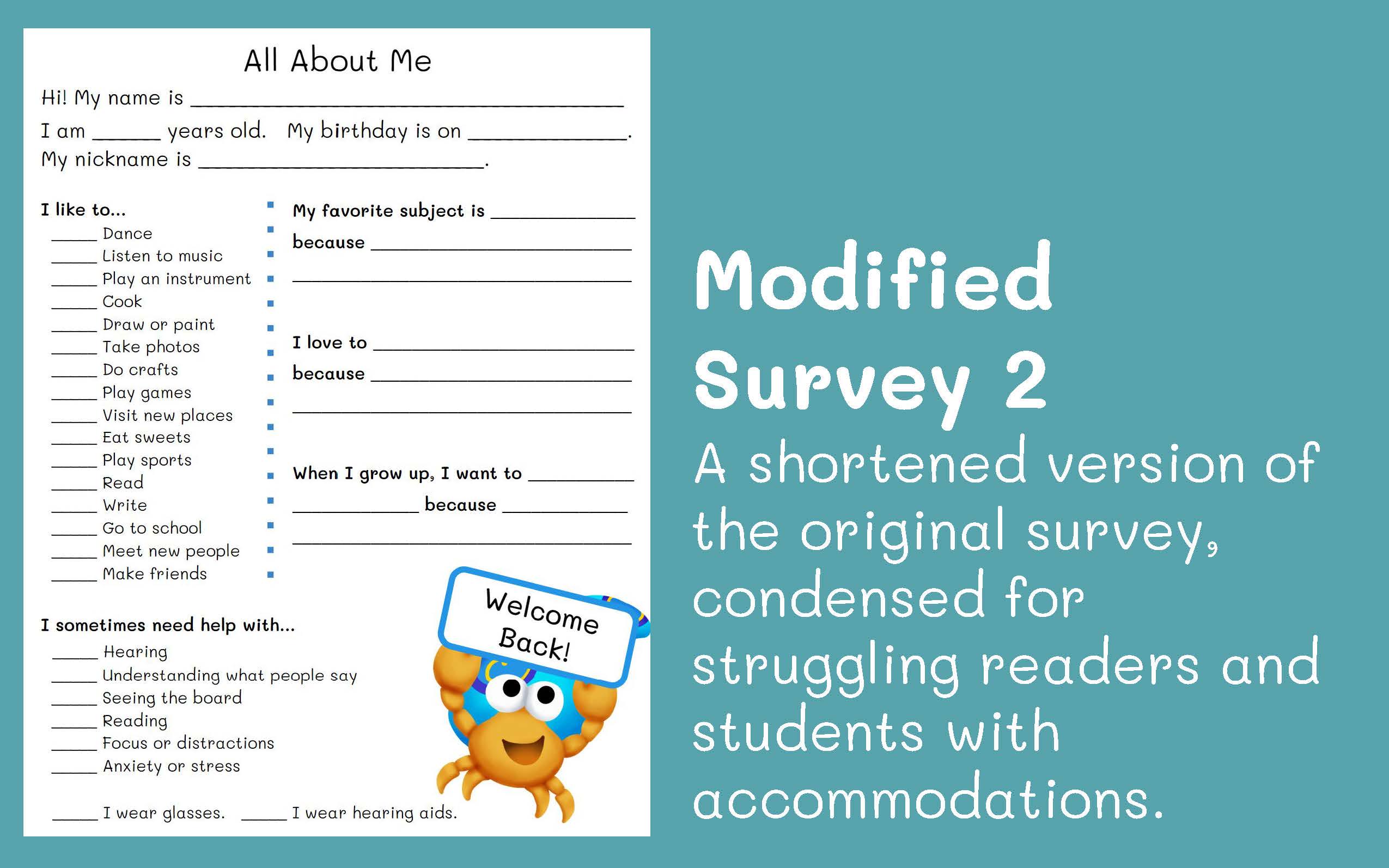 Digital & Printable All About Me Student Survey for Kindergarten-third ...