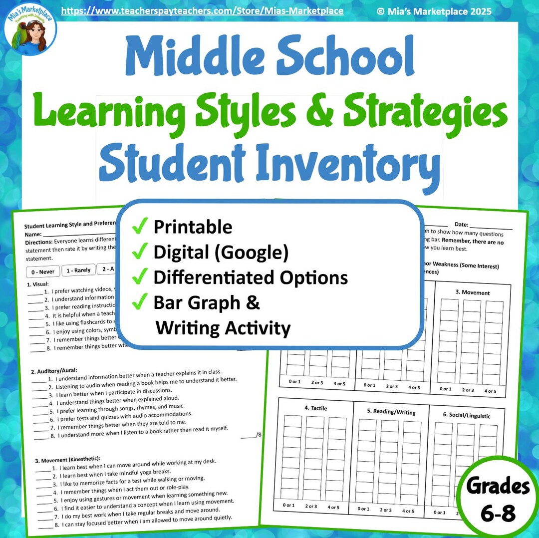 Learning Styles Survey: Middle School Activity (printable & Google Form ...