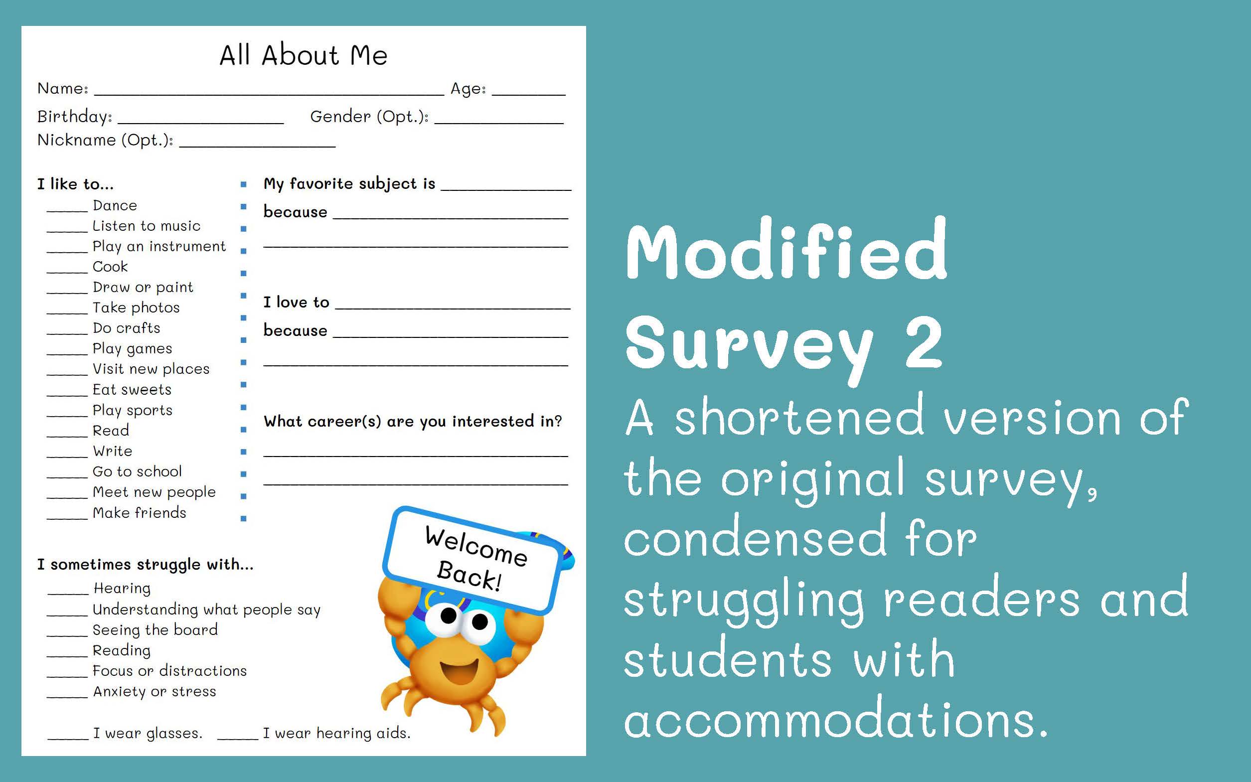 Digital & Printable All About Me Student Survey for Grades 4-5 for Back ...