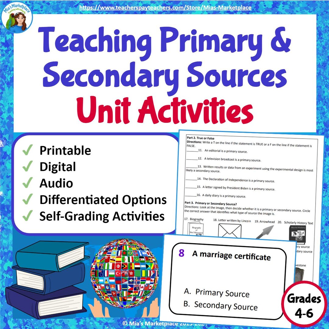 Primary and Secondary Sources: Activities, Assessments (grades 4-6) - Etsy