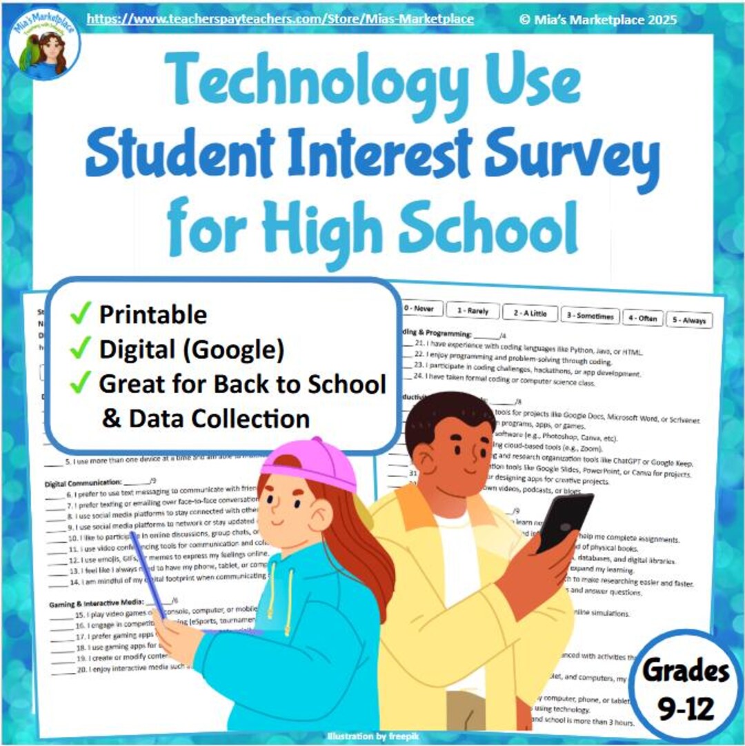Technology Use High School Student Interest Inventory / Survey ...