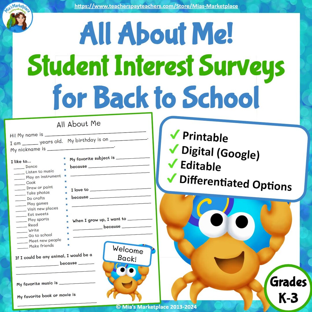Digital & Printable All About Me Student Survey for Kindergarten-third ...