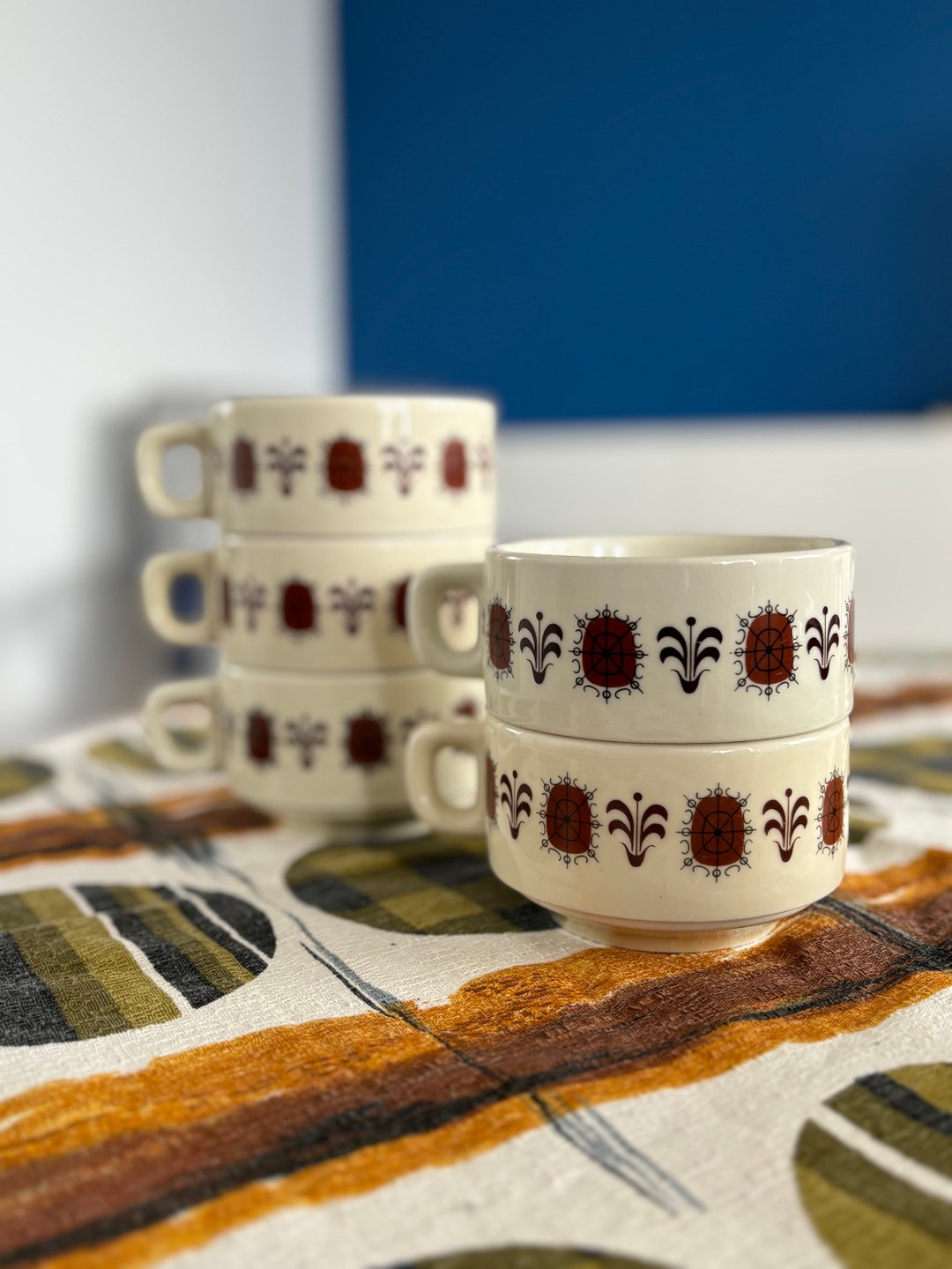 Vintage 1970s Pattern Mug, Set of 5 Seventies Mugs Stackable Beige and ...