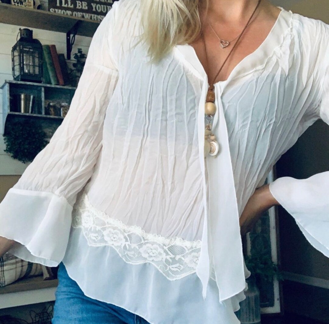 Vintage Robbie bee Boho Lace Crinkle Long Fluted Sleeve Sheer Blouse - Etsy