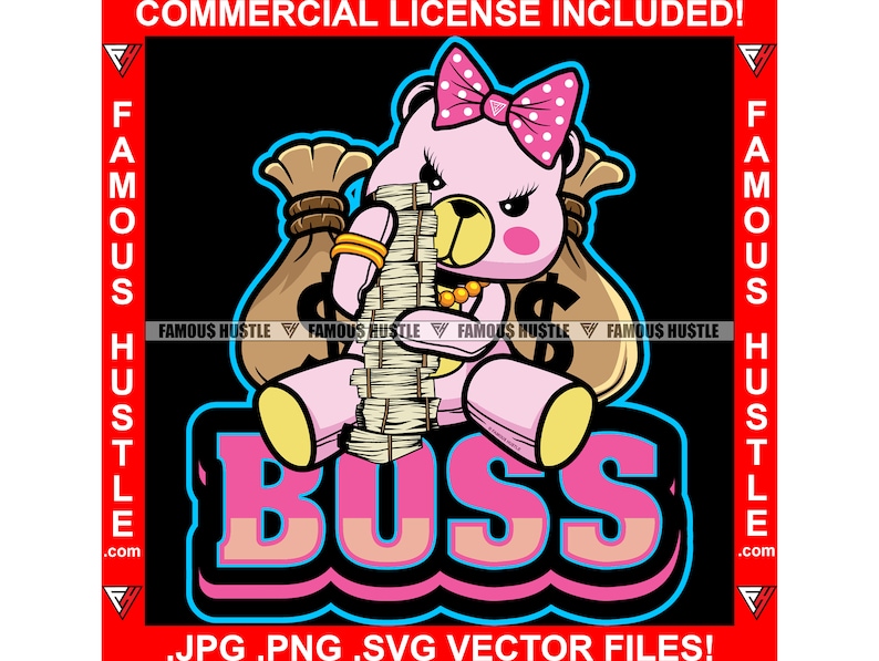 Boss Gangster Hustle Teddy Bear Girl Pink Bow Holding Money Stack Money ...