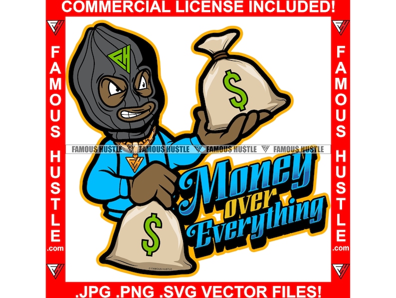 Money Over Everything Gangster Mafia Boss Holding Money Bag Wearing Ski ...