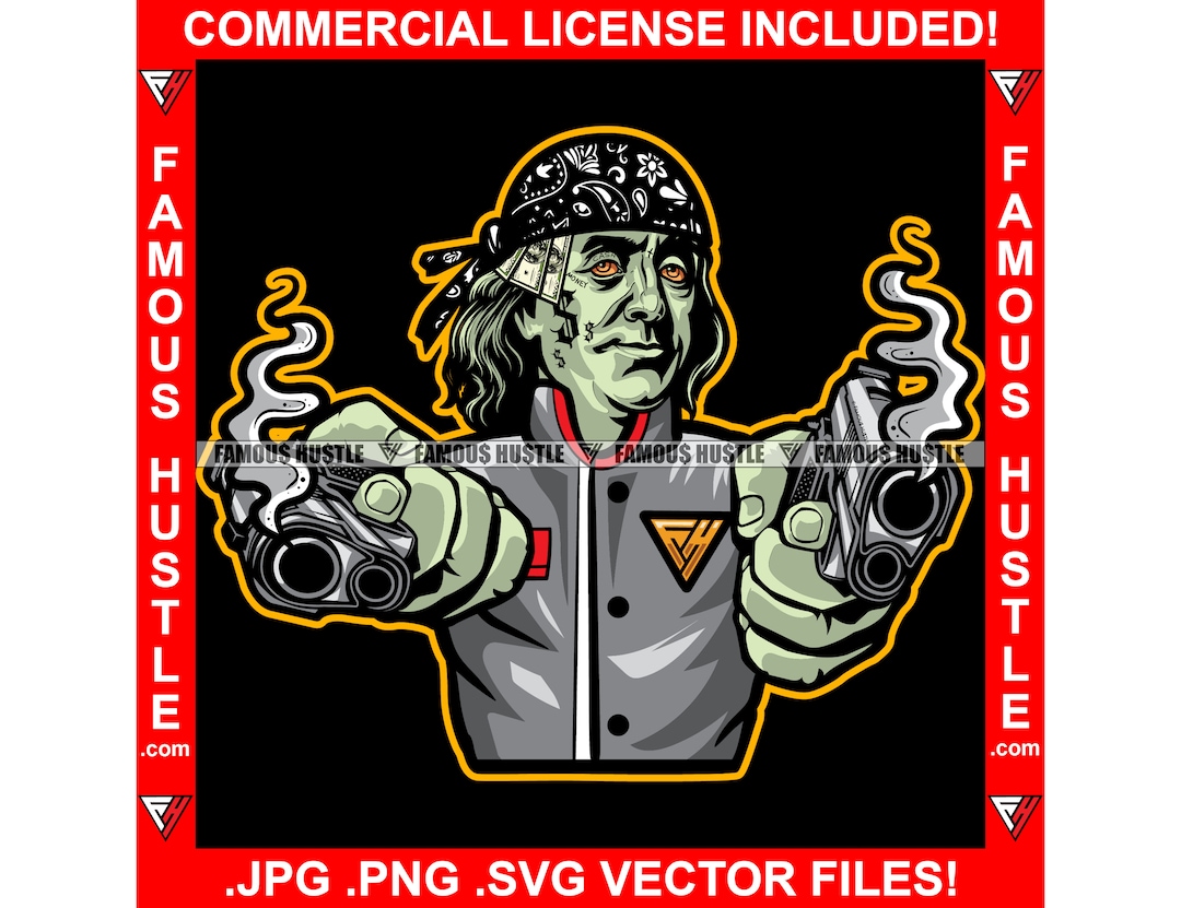 Gangster Benjamin Franklin Pistol Guns Jacket Cash Money Bandanna Skull ...