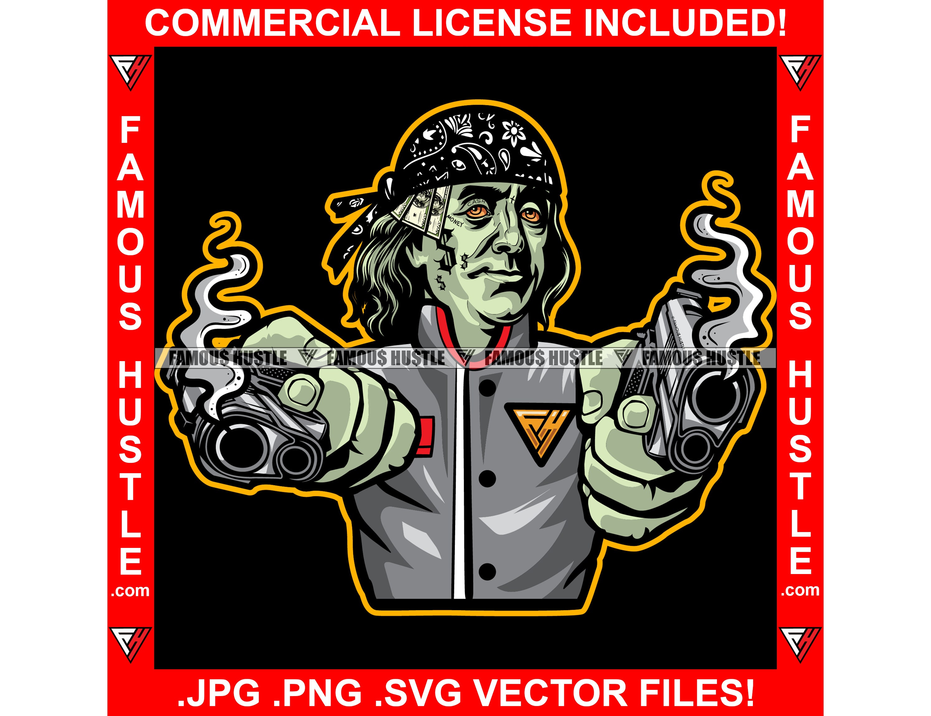 Gangster Benjamin Franklin Pistol Guns Jacket Cash Money Bandanna Skull ...