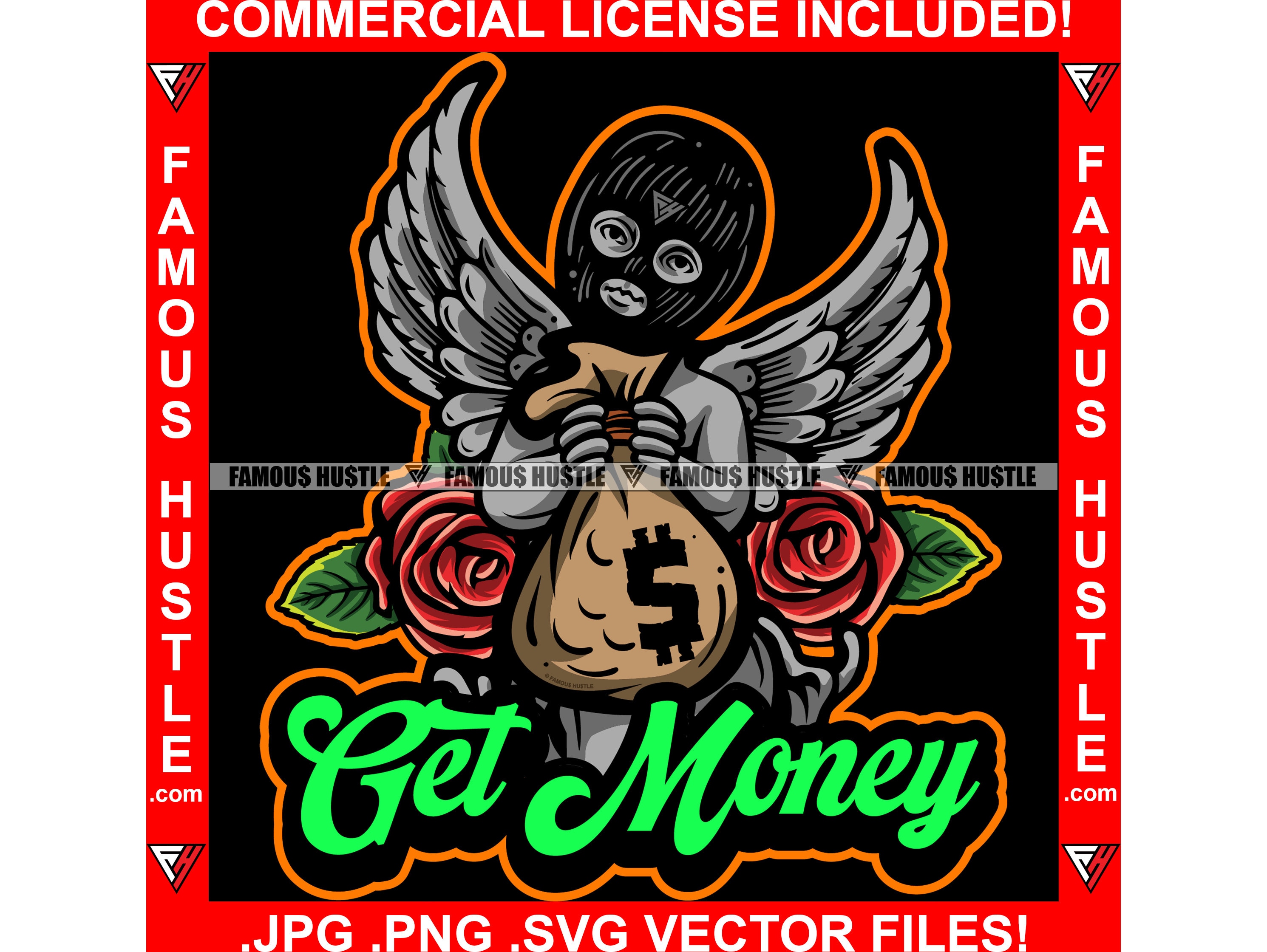 Get Money Gangster Hustle Angel Statue Holding Money Bag Rose Flower ...