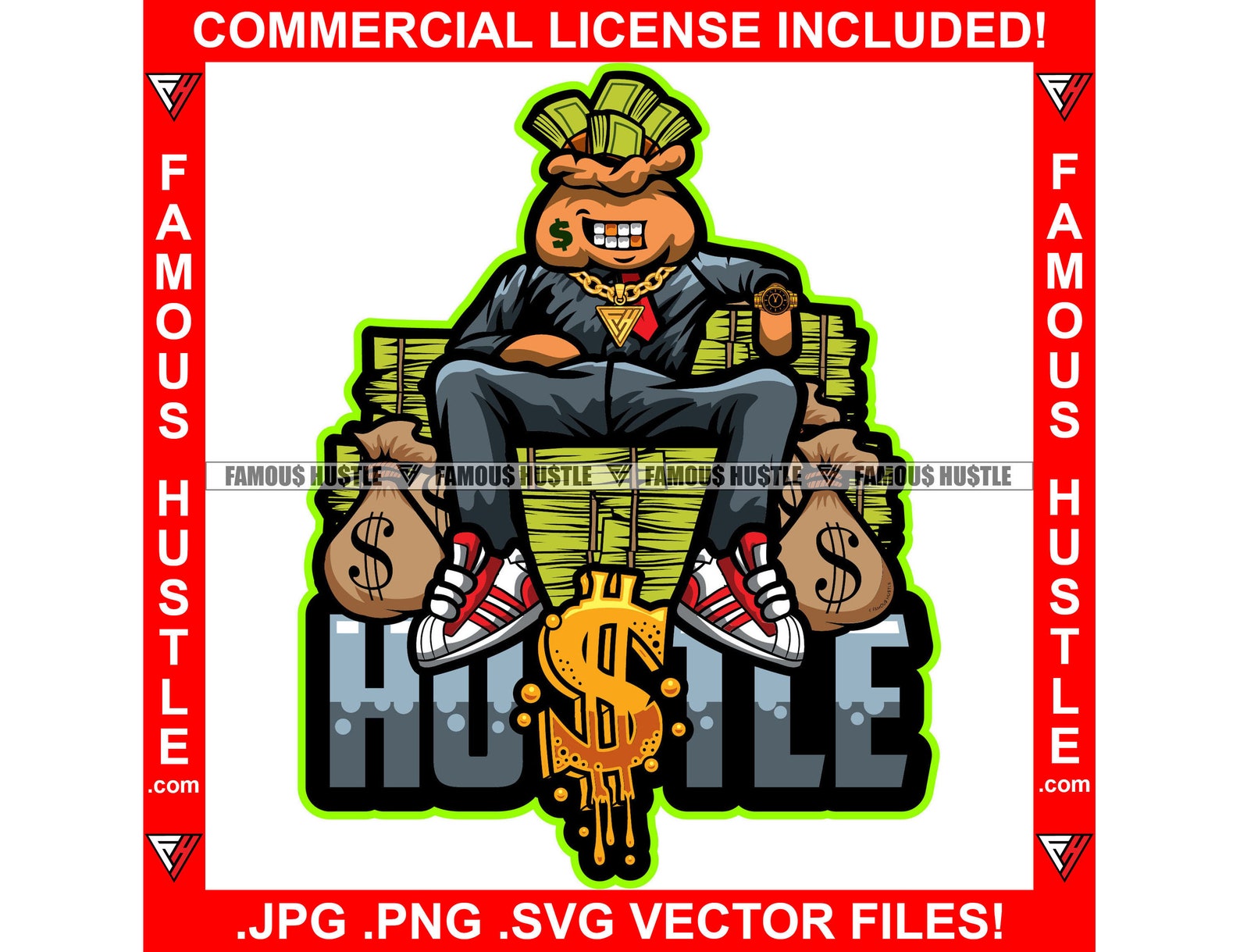 Hustle Gangster Money Bag Cartoon Sitting on Cash Stack Chair Gold ...