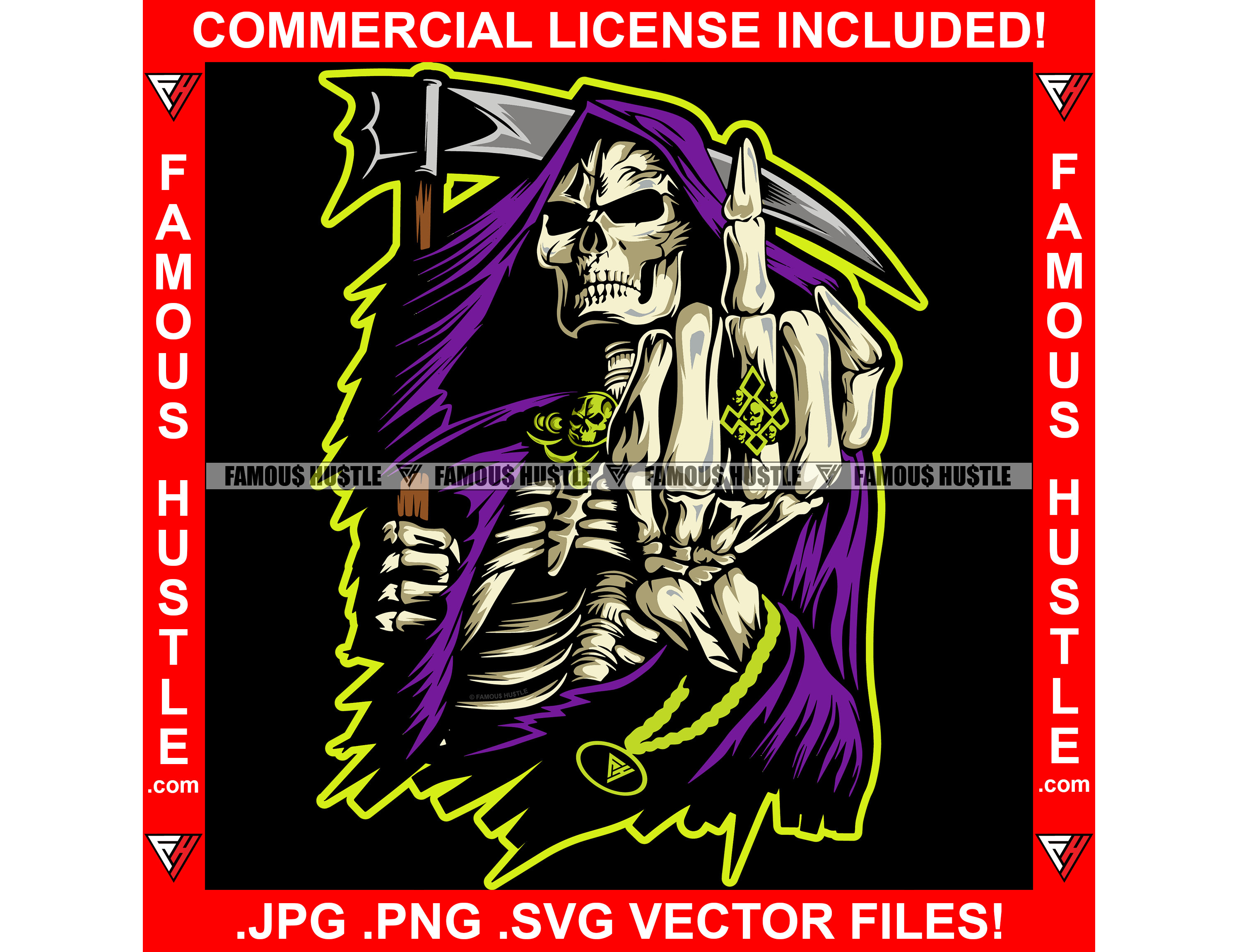 Hustle Grim Reaper Holding Scythe Skull Skelton Showing Middle Finger ...