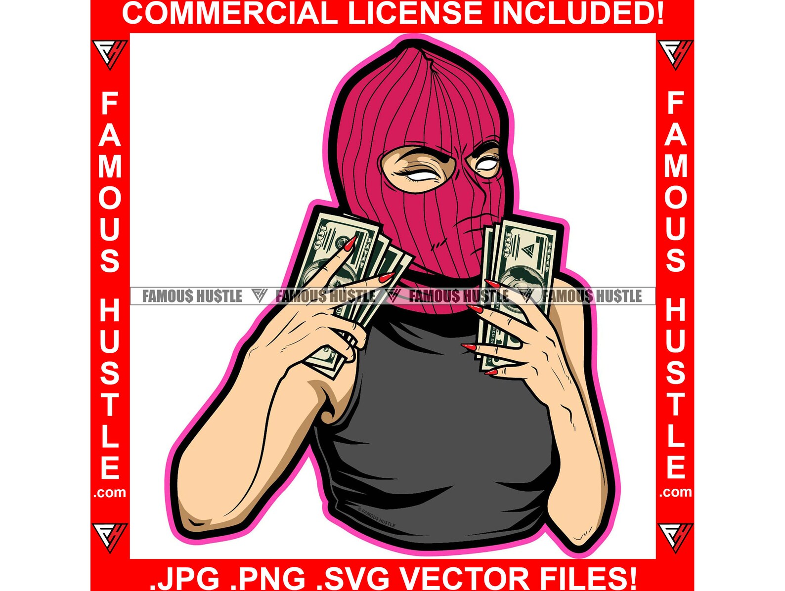 Gangster Hustle Boss Lady Holding Money Stack Ski Mask Trap Hip Hop Rap ...