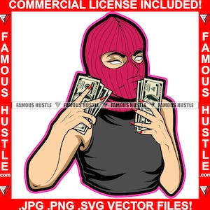 Gangster Hustle Boss Lady Holding Money Stack Ski Mask Trap Hip Hop Rap ...