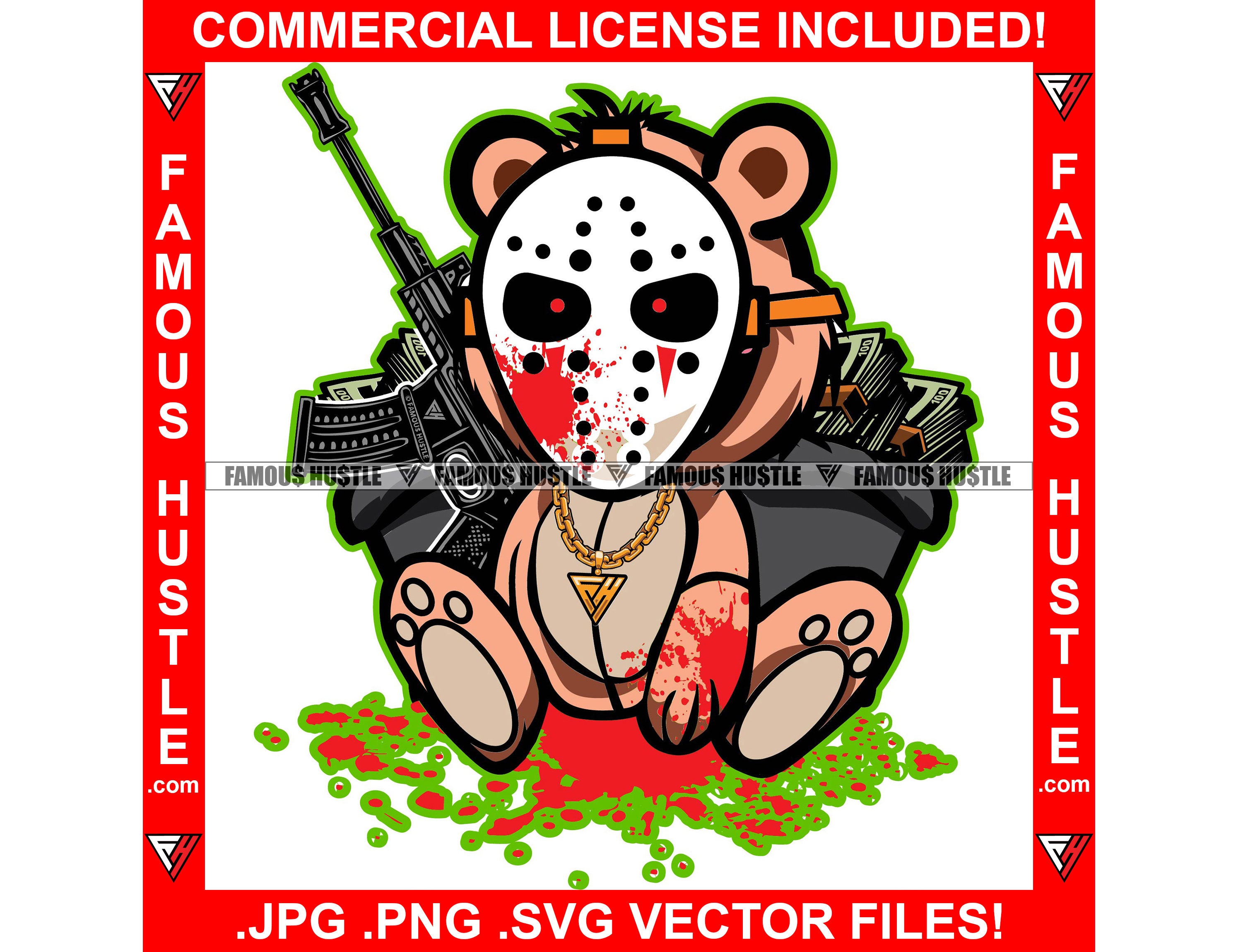 Gangster Hustle Horror Teddy Bear Bloody Hockey Mask Cash Money Stack ...