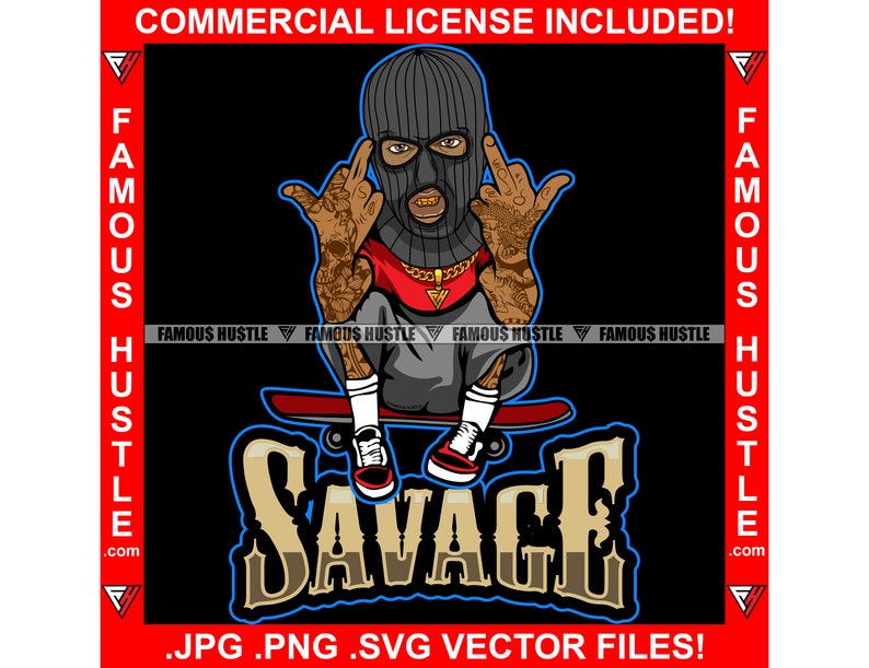 Savage Gangster Hood Black Male Hustler Middle Finger Ski Mask Gold ...