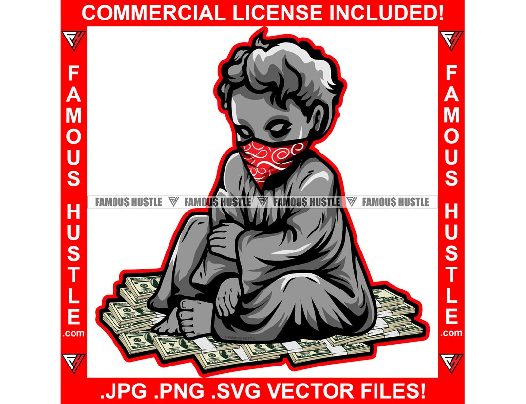 Hustle Baby Angel Statue Sitting on Money Pile Wearing Bandana Mask ...