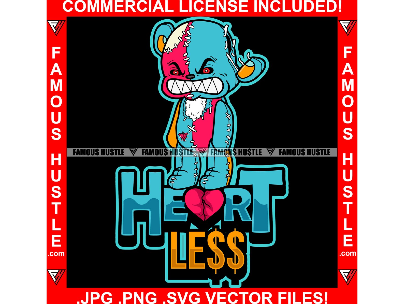 Heartless Gangster Horror Teddy Bear Stitched Head Torn Ear Gold Sharp ...