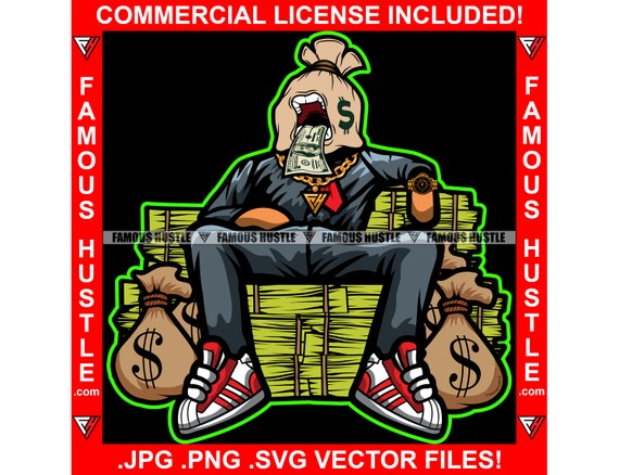 Money Bag Hustler Gold Chain Suit Sitting on Cash Stack Rapper - Etsy