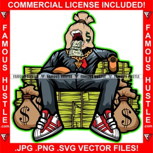 Money Bag Hustler Gold Chain Suit Sitting on Cash Stack Rapper Hustle ...