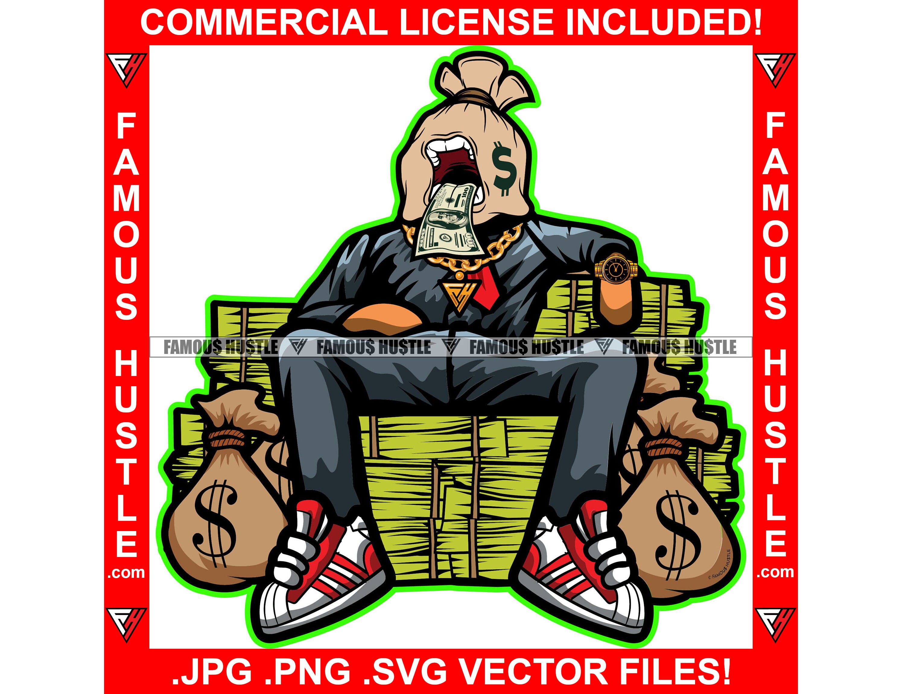 Money Bag Hustler Gold Chain Suit Sitting on Cash Stack Rapper Hustle ...