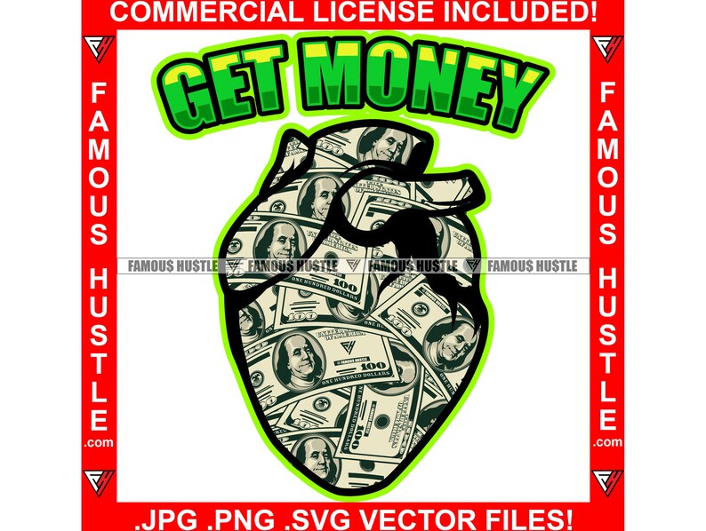 Get Money Hustle 100 Dollar Bill Money Heart Trap Rich Hood Hustling ...