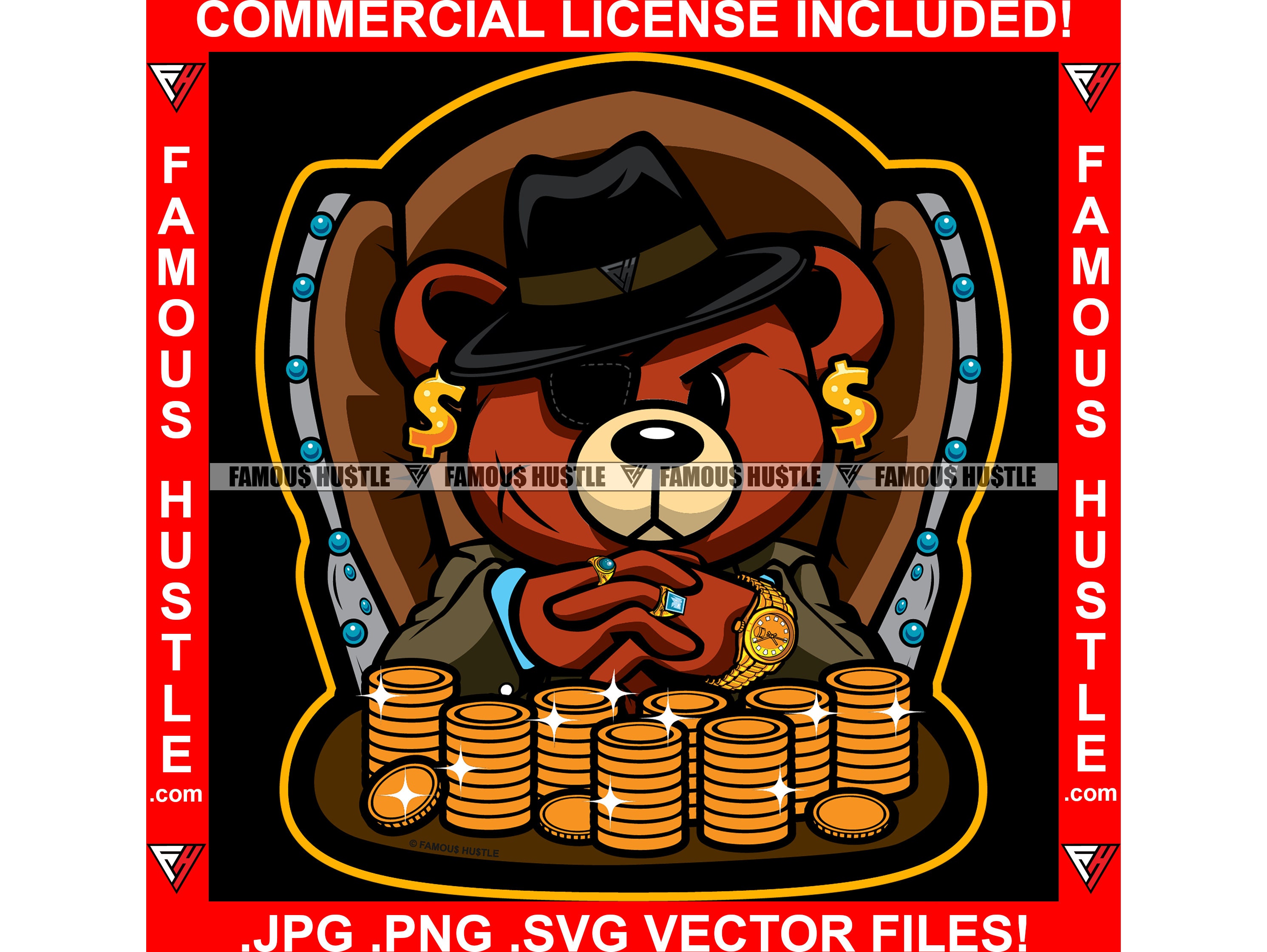 Gangster Hustle Teddy Bear Scar Face Mafia Mob Boss Fedora Hat Gold ...