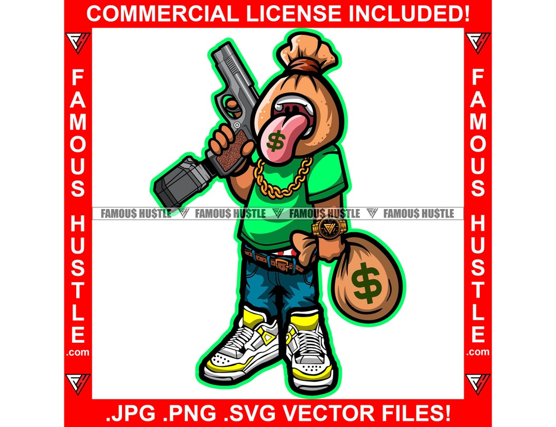 Money Bag Gangster Dollar Sign Tattoo on Tongue Out Gold Chain Cash ...