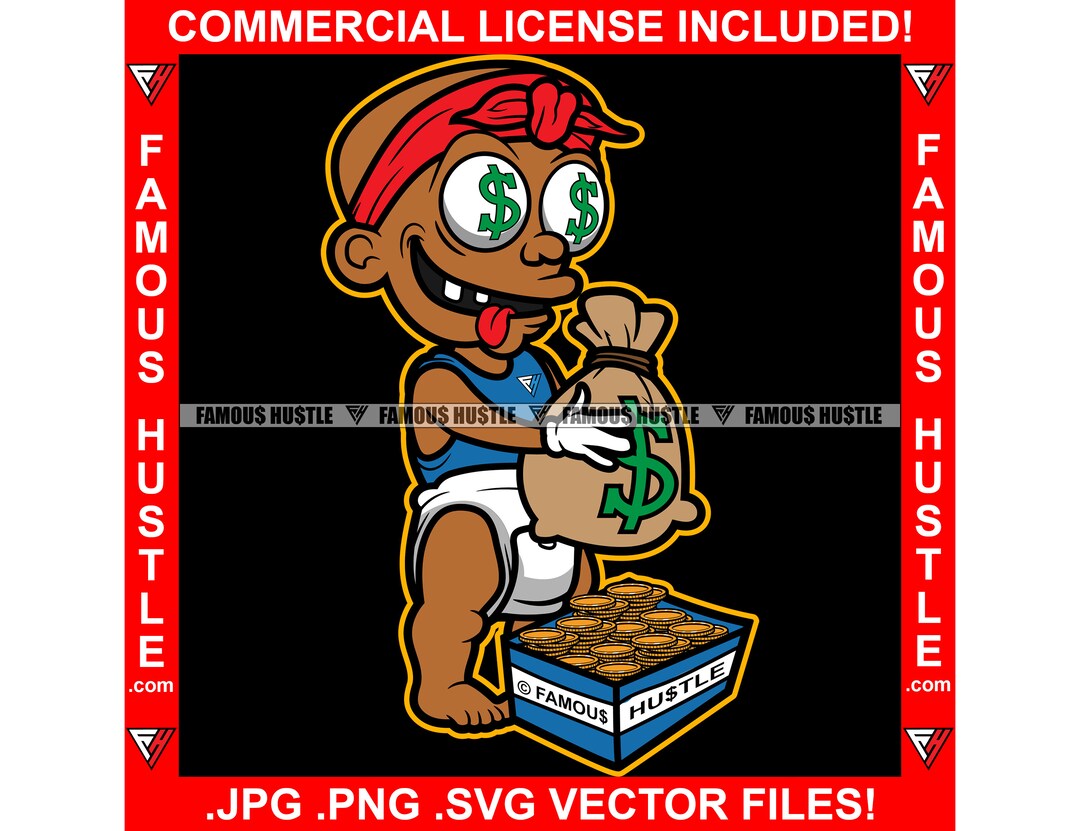 Cute Hustle Gangster Baby Dollar Sign Eyes Money Bag Gold Coins Hood ...
