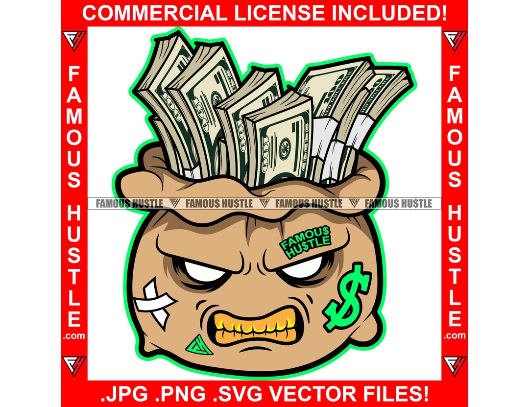 Gangster Money Bag Face Tattoo Mean Head Cash Sack Mafia Mob Boss Hip ...