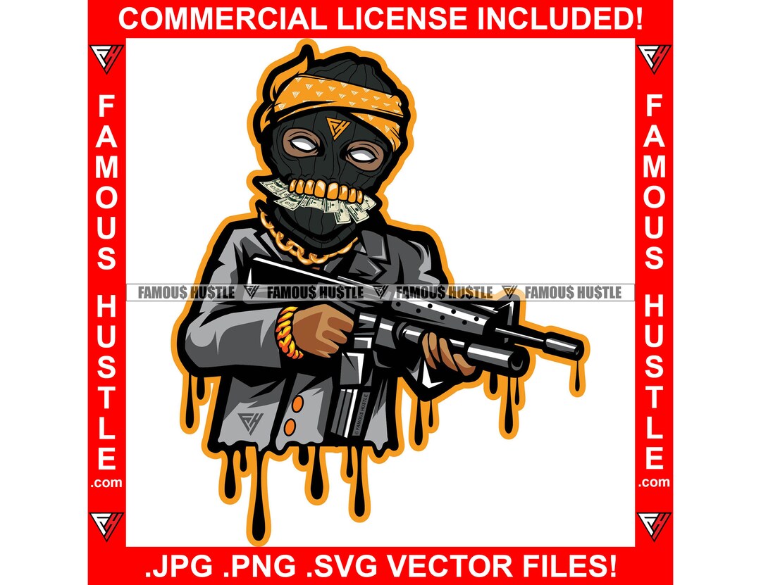 Gangster Ski Mask Gold Teeth Eating Money Machine Gun Drip Dripping ...