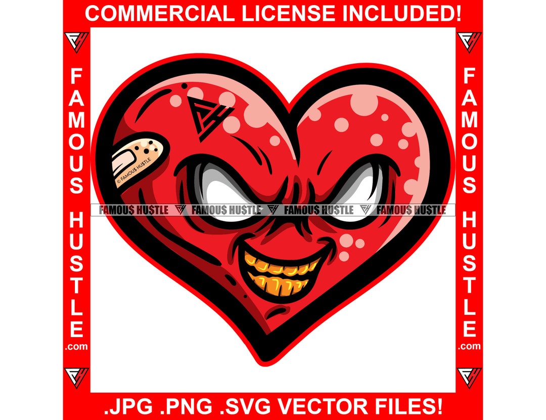 Gangster Evil Heart Mean Face No Eyes Gold Teeth Grill Grin Bandage ...