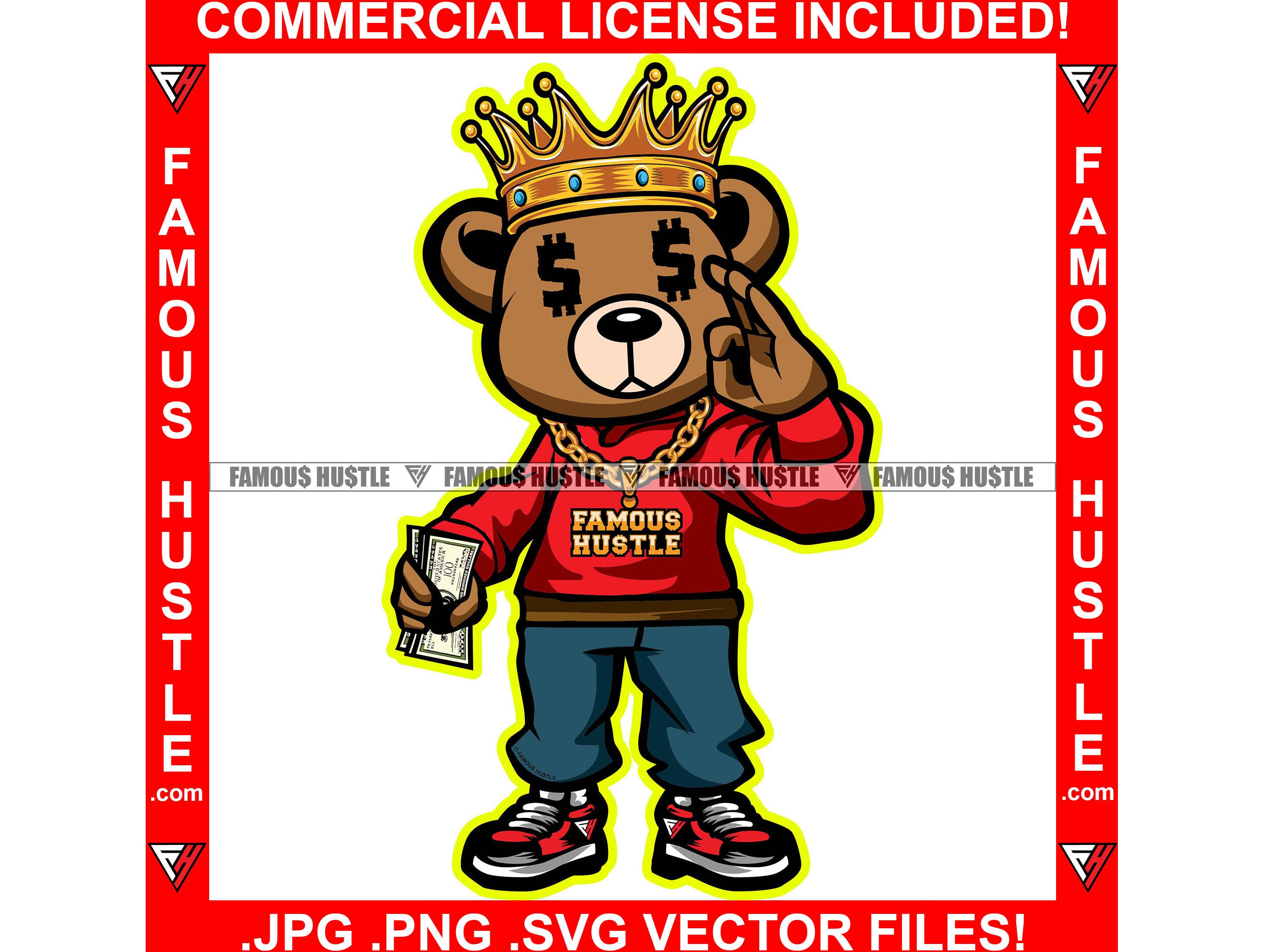 Gangster Hustle Teddy Bear Dollar Sign Eyes King Ok Hand Sign Holding ...