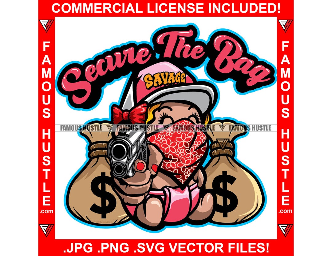 Secure the Bag Hustle Gangster Baby Girl Gun Money Bag Cap Mafia Boss ...