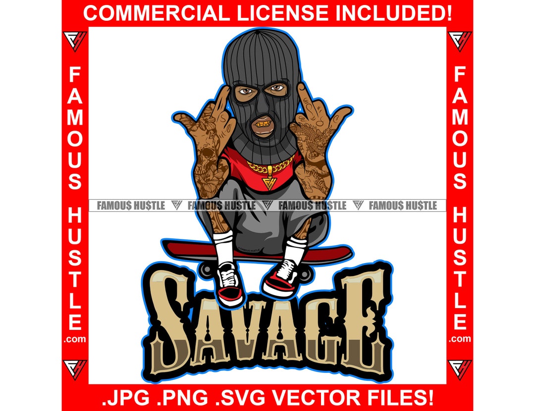 Savage Gangster Hood Black Male Hustler Middle Finger Ski Mask Gold ...