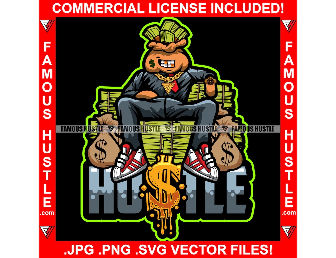 Hustle Gangster Money Bag Cartoon Sitting on Cash Stack Chair Gold ...