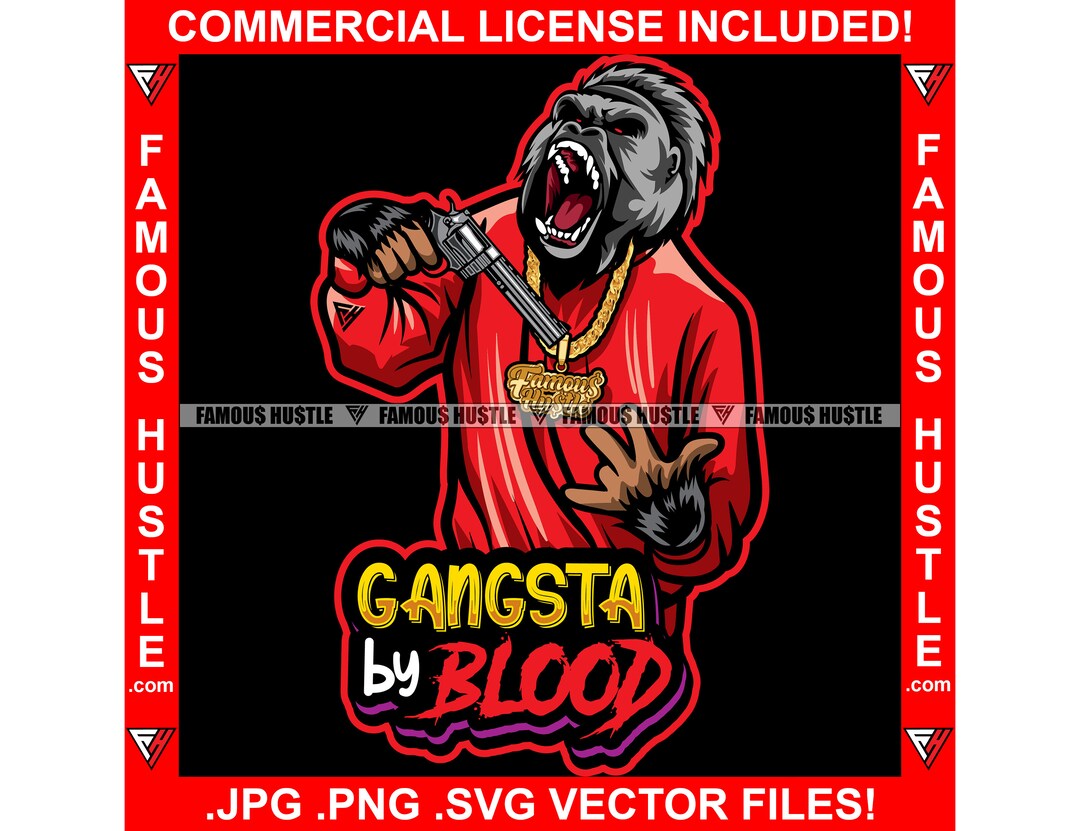 Gangsta by Blood Hustle Gangster Gorilla Angry Face Gold Chain Gang ...