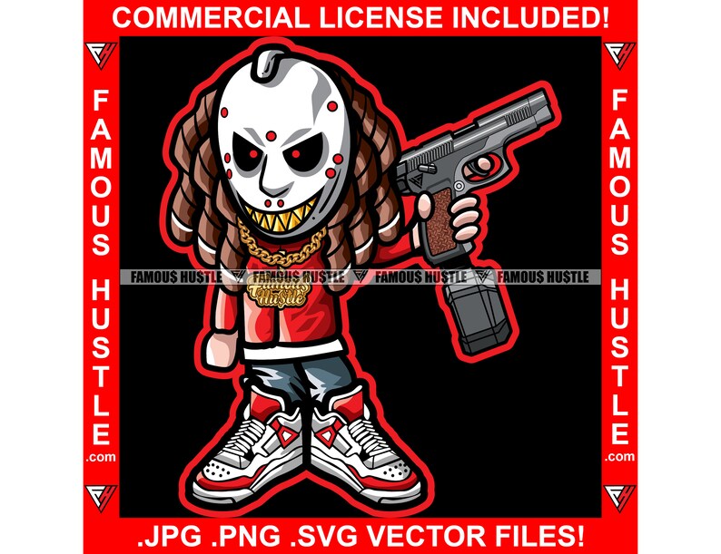 Gangster Killer Hockey Mask Dreads Machine Gun Pistol Gold Teeth Chain ...