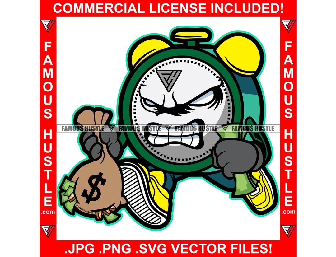 Hustle Gangster Time Clock Holding Money Bag Cash Stack Rich Mafia Boss ...