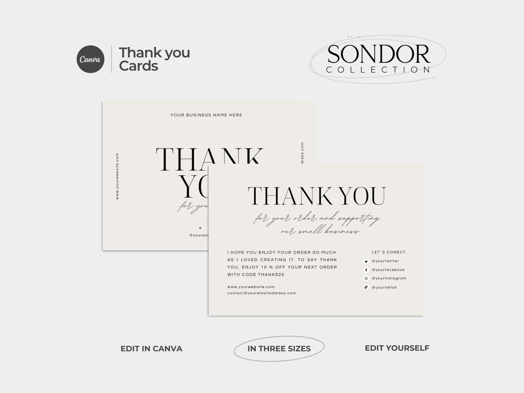 Neutral Thank You Card Canva Template, Order Package Insert, Simple ...