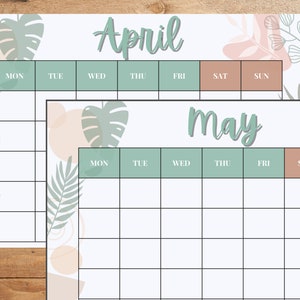 Printable Digital, Blank Calendar, 12 Month and Cute Font, Boho Style ...