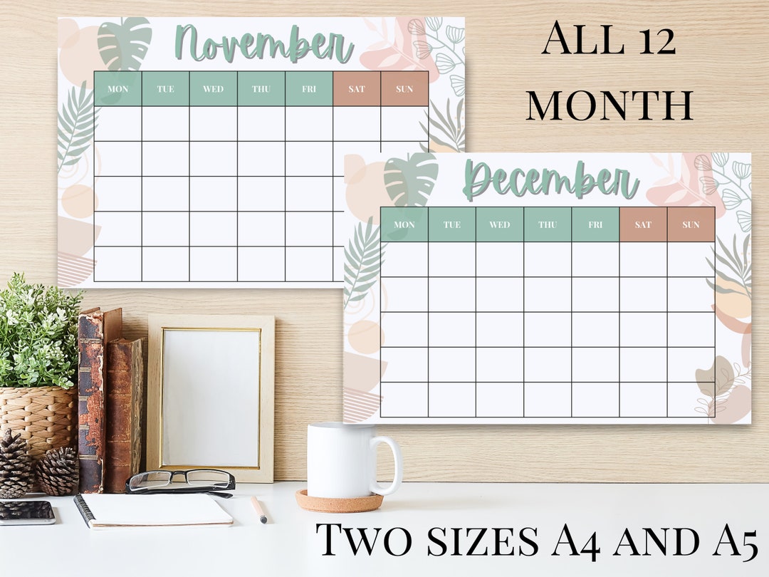 Printable Digital, Blank Calendar, 12 Month and Cute Font, Boho Style ...