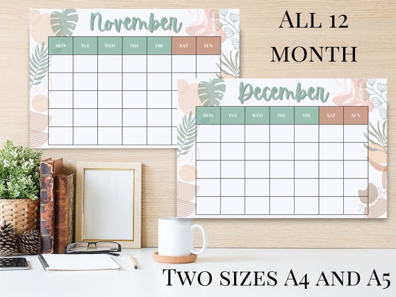 Printable Digital Blank Calendar 12 Month and Cute Font - Etsy