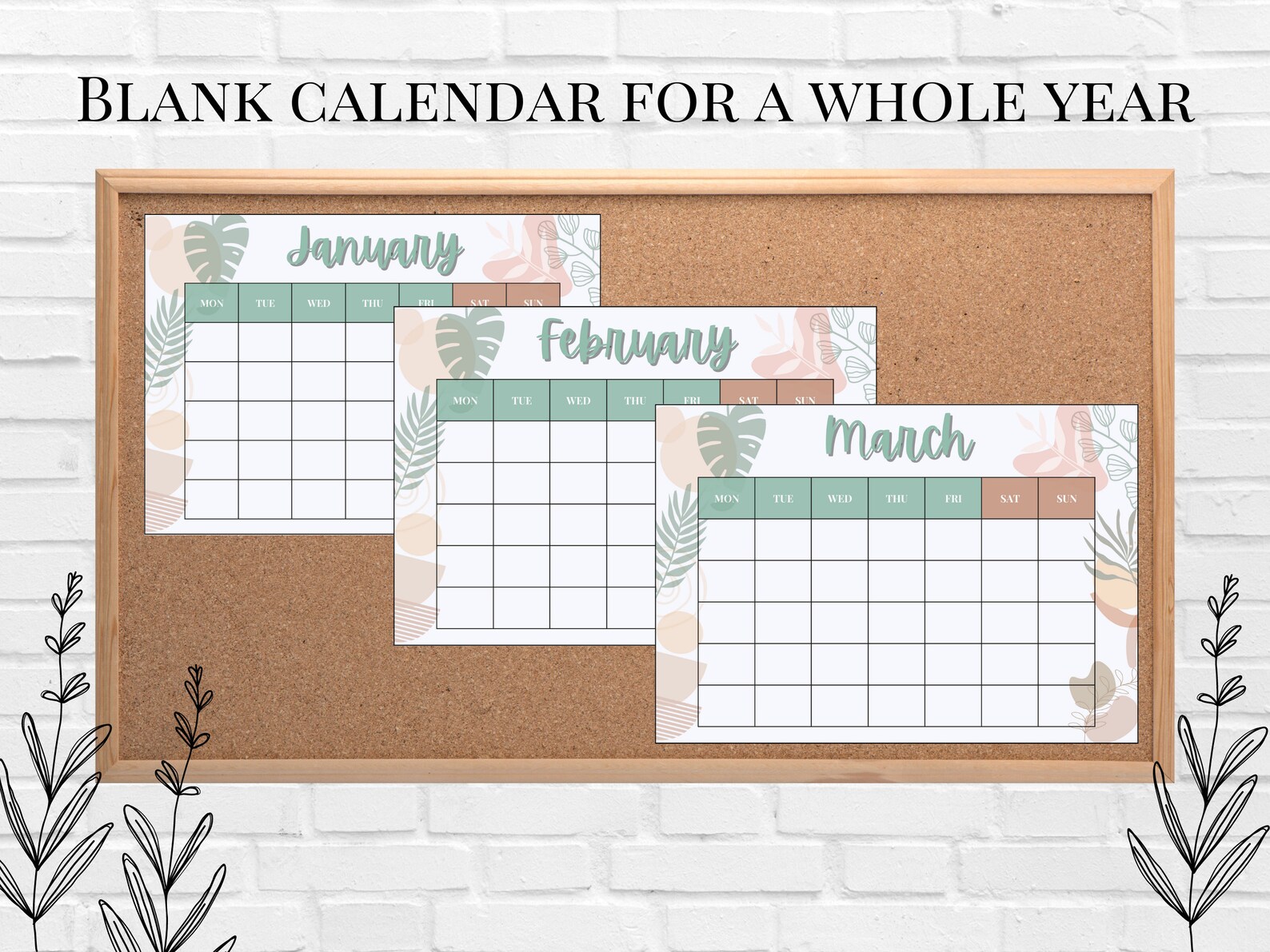 Printable Digital, Blank Calendar, 12 Month and Cute Font, Boho Style ...