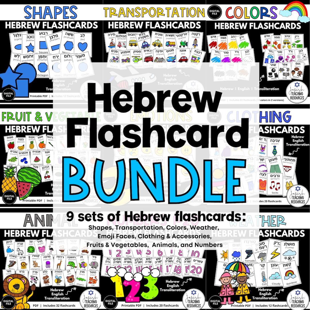 Hebrew Flashcard BUNDLE Colors, Numbers, Animals, Shapes, Fruits ...