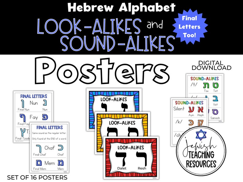 Hebrew Alphabet (aleph-bet) Posters - Look Alikes, Sound Alikes, Final ...