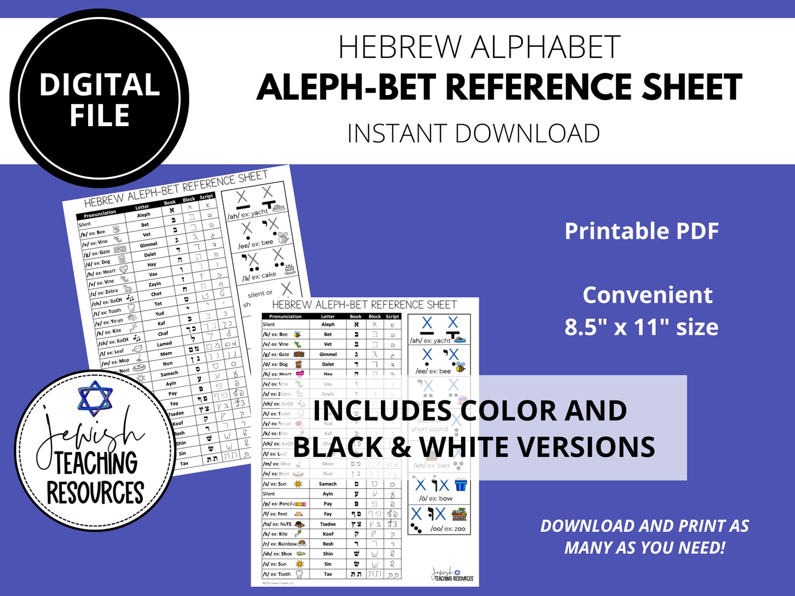 Hebrew Alphabet, Aleph-bet Chart, Reference Sheet, Hebrew School ...