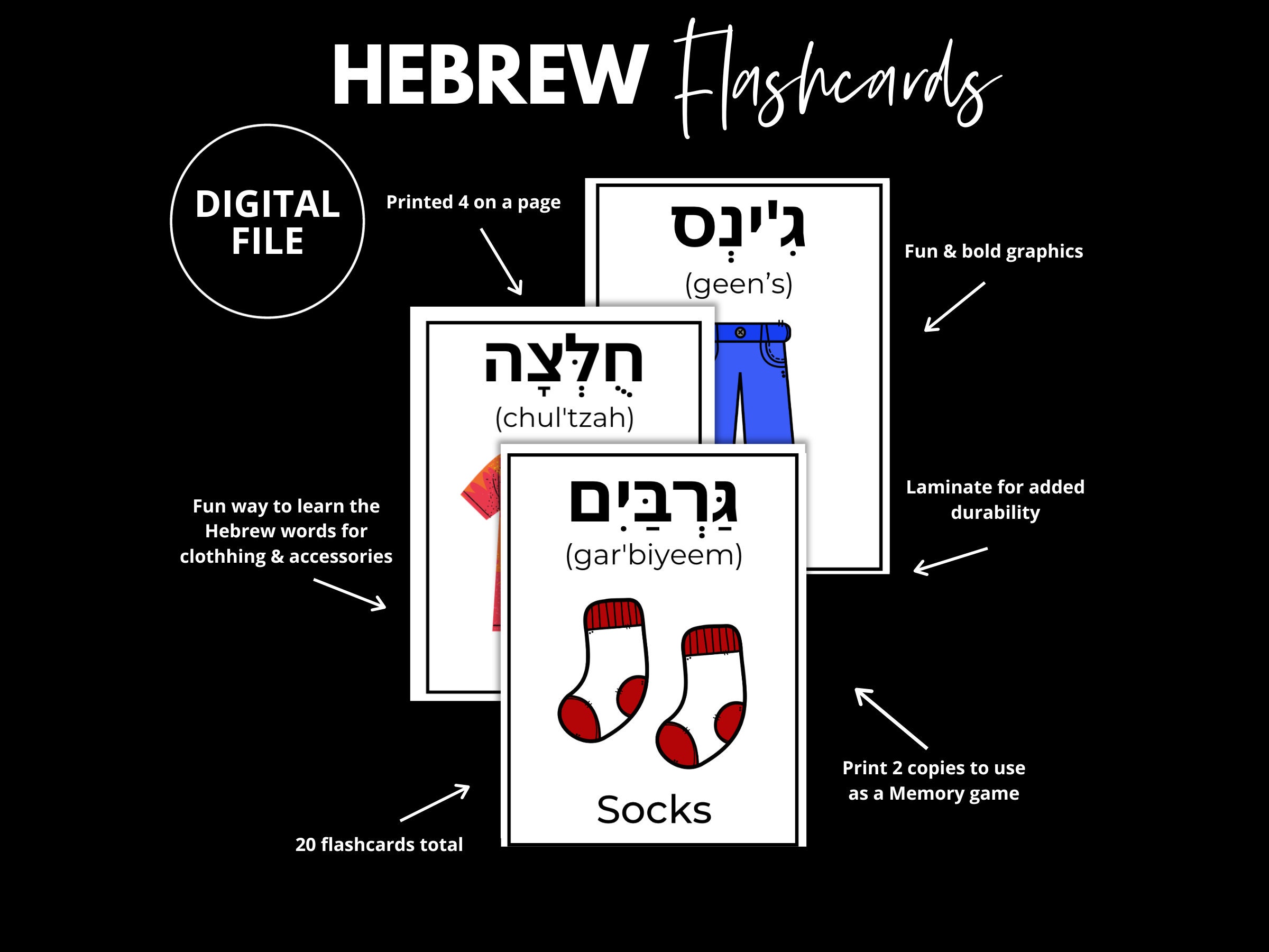 Hebrew Flashcards - Clothing & Accessories - Etsy