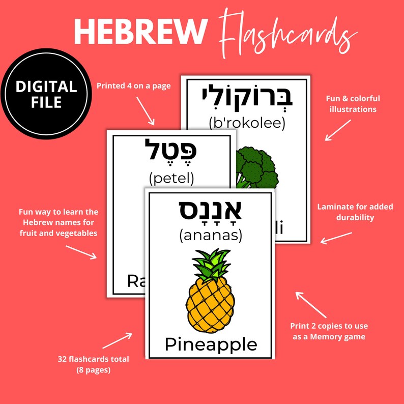 Hebrew Flashcards - Fruit & Vegetables - Etsy